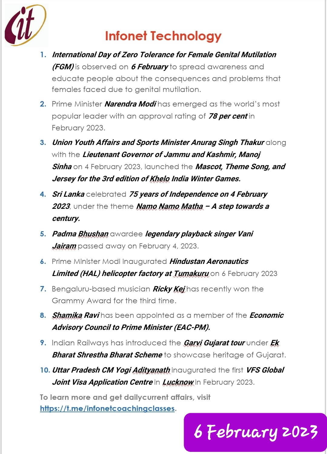 6 February 2023 Current Affairs | Infonet Technology